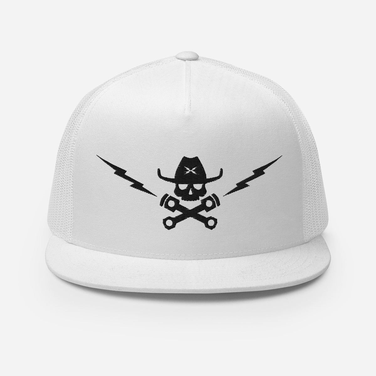 BIKER COWBOY SKULL AND BOLTS - 5 PANEL FLAT BRIM 3D PUFF STITCHING ...